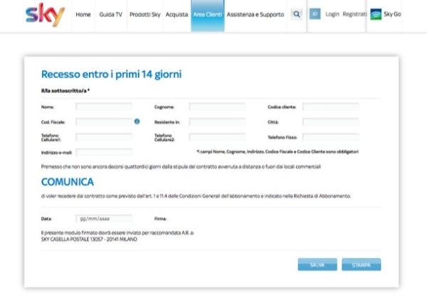 Disdetta contratto Sky entro 14 giorni